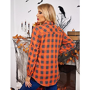 Zeagoo Womens Tartan Plaid Flannel Shirts, Roll up Sleeve Casual Boyfriend Button Down Gingham Checkered Shirt, Orange, X-Large
