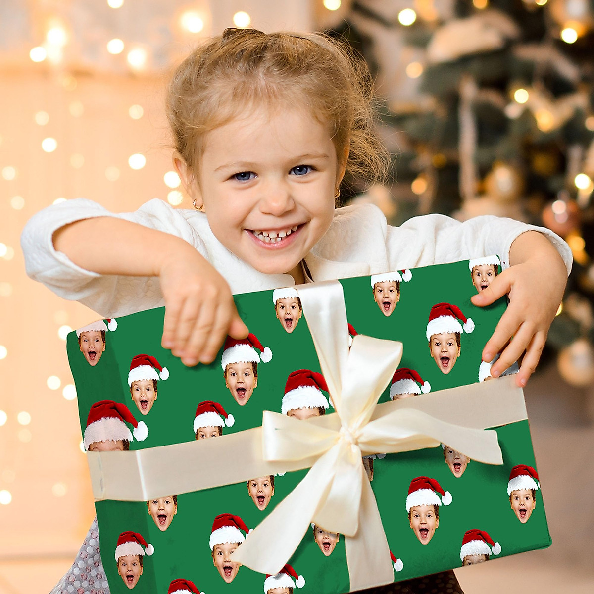 YESCUSTOM Personalized Gift Wrapping Green Paper for Kids Women Men Christmas,Custom Face Wrapping Paper, Gift Wrap Roll 58"x 23"