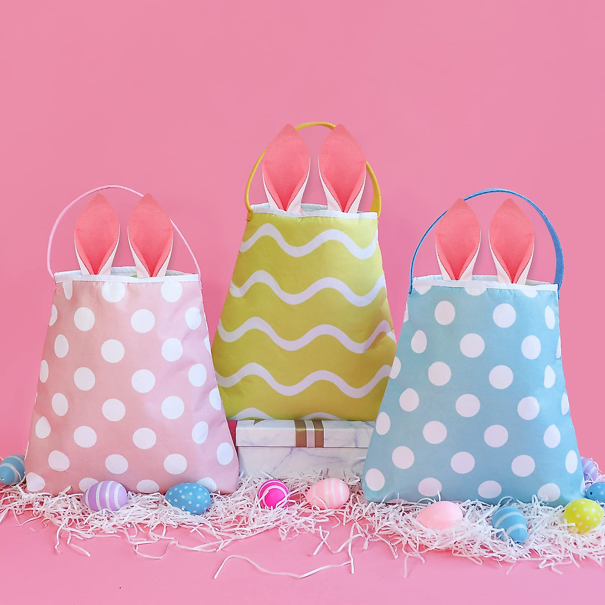 Ivenf Easter Tote Bags with Bunny Ears 3ct, Pink Blue Yellow Easter Gift Bags for Hunt Games Eggs, Kids School Home Party Supplies Decorations