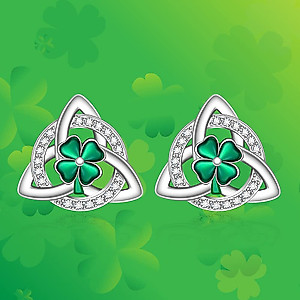 Celtic Knot Green Shamrock Earrings for Women Studs Four Leaf Clover St Patricks Day Earrings Triangle Jewelry Birthday Irish Birthday Gifts Sterling Silver