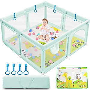 Baby Playpen, Playpen for Babies and Toddlers, Indoor & Outdoor Playard Kids Activity Center with Mat, Anti-Slip Base, Sturdy Safety Baby Playpen with Gate 50''x 50''x 27'' (Nordic Blue)