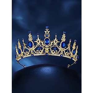 SWEETV Couple Crowns for Women & Men,Crystal Queen Tiara King Crown Set,2-Pack Gold Blue Medieval Hair Accessories for Prom Wedding Photo Shoot Birthday
