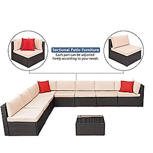 Devoko 9 Pieces Outdoor Sectional Sofa All-Weather Patio Furniture Sets Manual Weaving Wicker Rattan Patio Conversation Sets with Cushion and Glass Table (Brown)