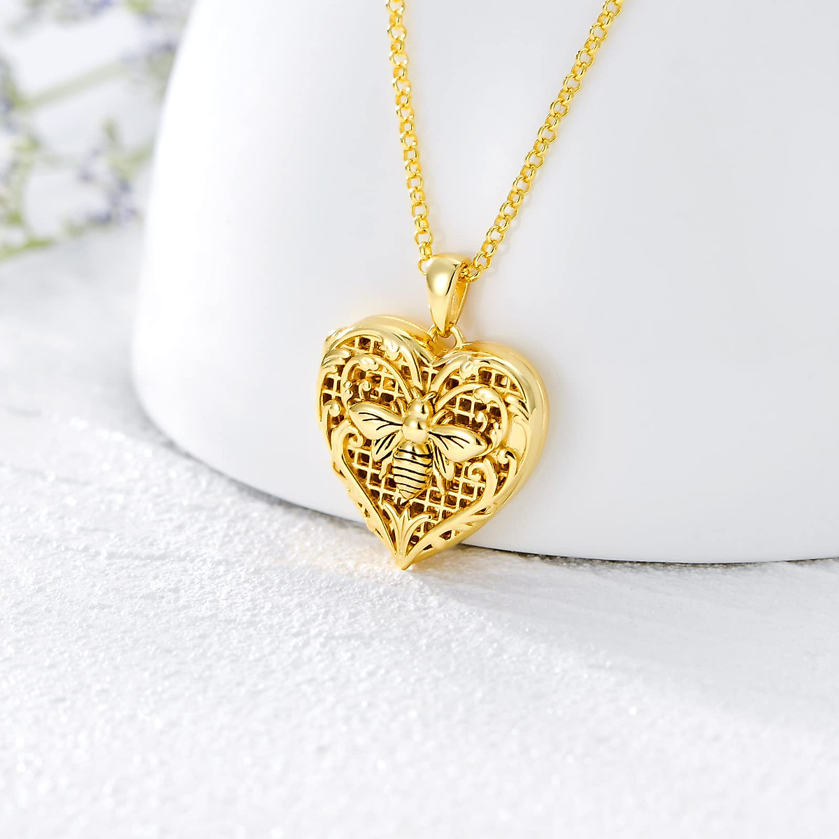 SOULMEET 18K Gold Plated Heart Shaped Honeycomb Bee Locket Necklace That Holds 1 Picture, 20" (Locket only)
