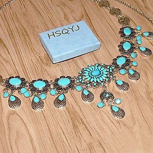 Vintage Flower Turquoise Chain Belts Silver Pear coin Pendant Metal Waist Belt Western Body Jewelry for for Women Dress Vest Jeans for Waistline 25-45inch (Silver Plated)