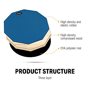 Donner 12 Inches Drum Practice Pad Silent Drum Pad Set Blue 2-Sided With Drum Sticks