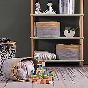 YOUDENOVA Rope Basket for Storage, Woven Storage Basket Bins, Set of 3, Nursery Basket for Toys, Throws, Makeups, Brown & Grey