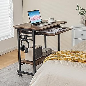 Tangkula Rolling Computer Desk Cart with Keyboard Tray, Mobile Portable Laptop PC Desk with CPU Stand & 3 Hooks for Sofa & Bed, Industrial Small Desk on Wheels for Small Spaces, Home Office Desk