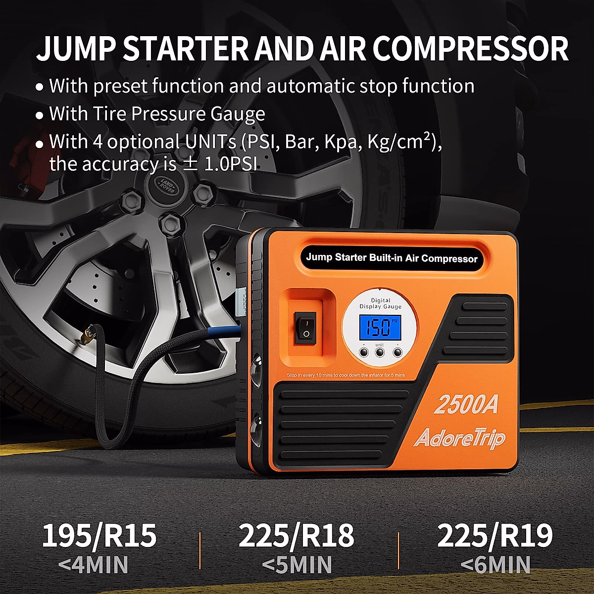 ADORETRIP Jump Starter with Air Compressor, 2500A 150PSI Car Battery Jump Starter (10.0L Gas/ 8.5LDiesel), 24000mAh 12V Jump Box Car Battery Jumper Starter Booster with Digital Display, 2 Lights
