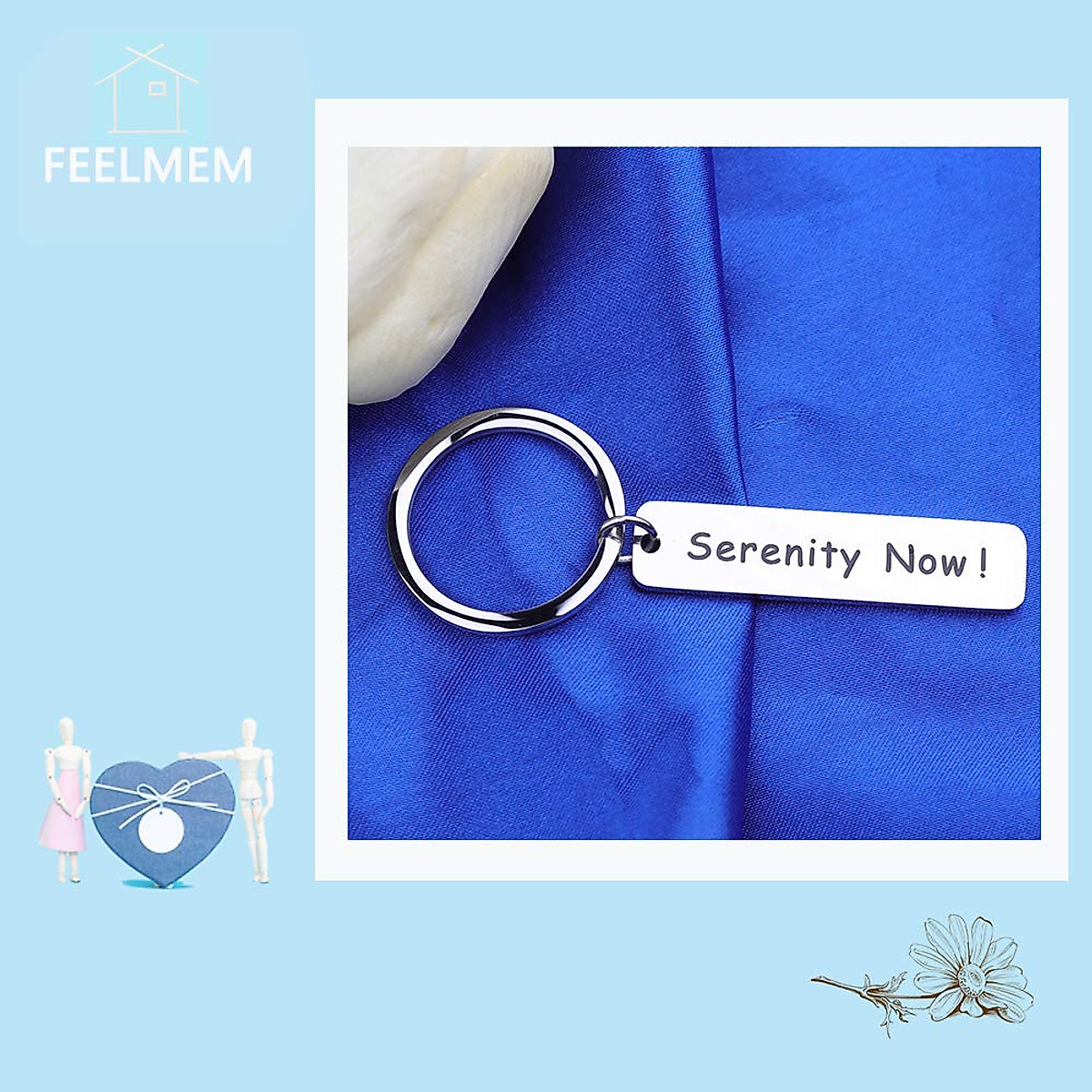 FEELMEM Relaxing Handstamped Key Chain Serenity Now Keyring Gift for Best Friend Family Jewelry (Silver)