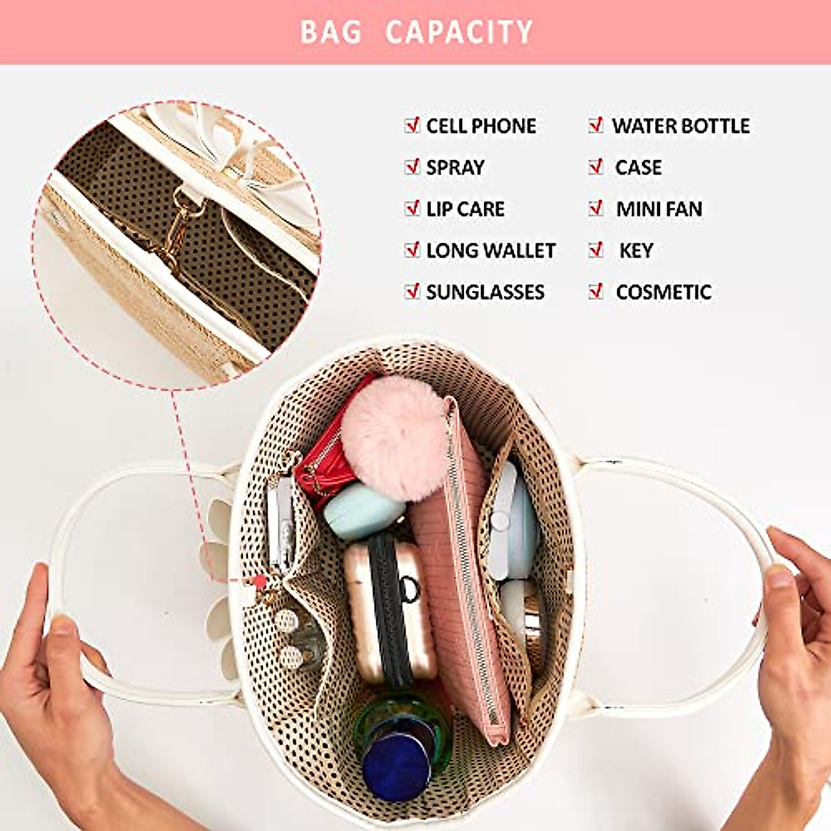 Like Dreams Women Fashion Hand-woven Straw Tote Bag Vegan Leather Bowtie Polka Inner Structured Summer Beach Handbag (White)