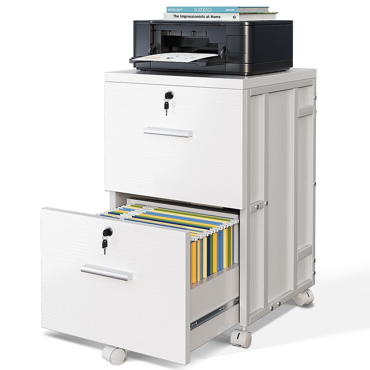 AODK Mobile File Cabinet Fully Assembled Filing Cabinet for Home Office, Small File Cabinets with Lock, Office Storage Cabinet 2 Drawer for Legal/Letter/A4 File, White