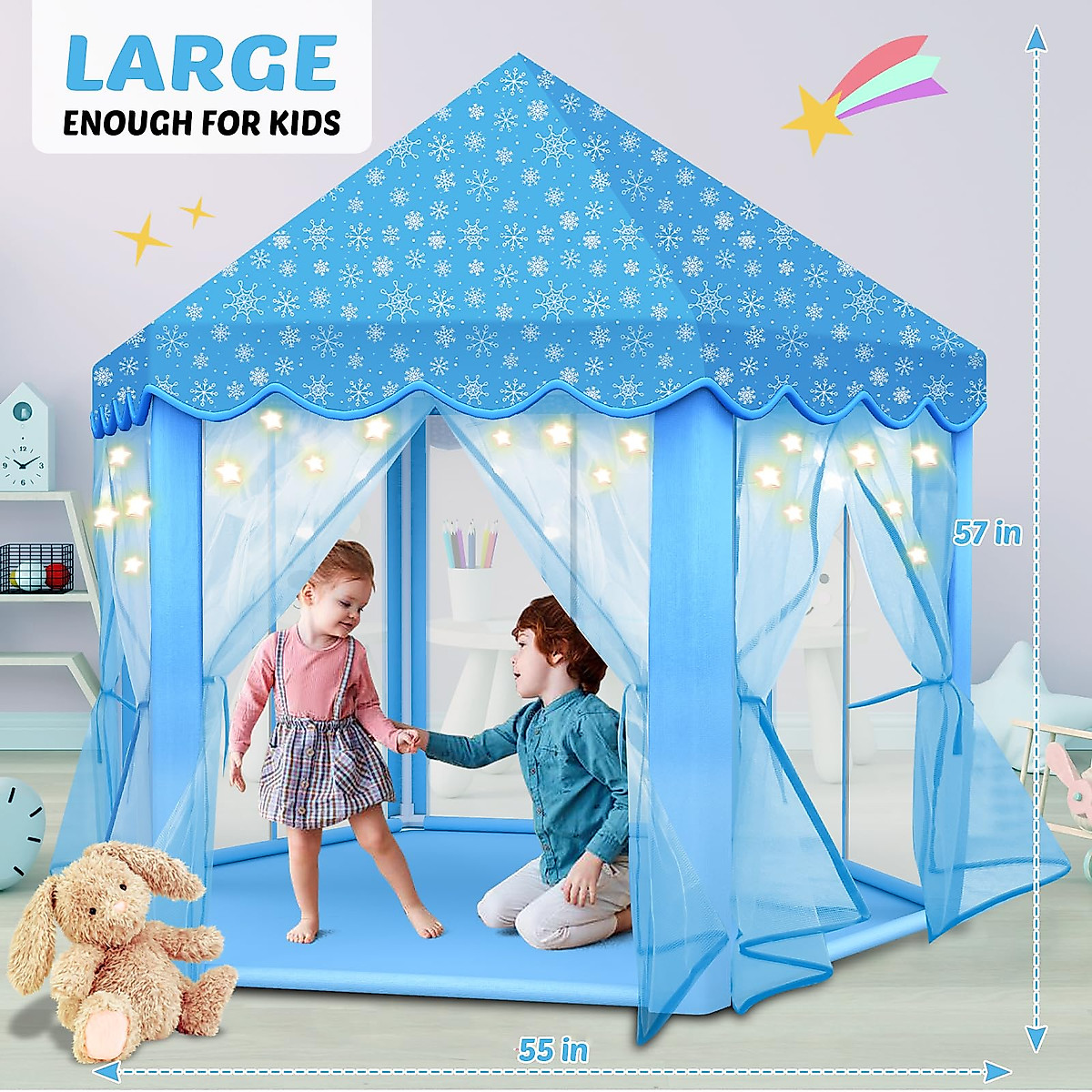 Blue Princess Tent Girls Large Playhouse Kids Castle Play Tent with Star Lights Toy for Children Indoor and Outdoor Games for Ages 3 4 5 6 Year Old