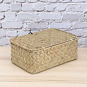 TOPBATHY Rattan Storage Basket Handwoven Storage Basket with Lid Rectangular Home Organizer Bin for Cosmetic Wedding Bedroom Living Room(7.9 X 5.1X3.1inch/20 x 8 x 13cm)