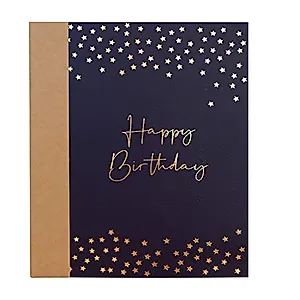Birthday Card - Single Happy Birthday Greeting Card with Gold Foil Stars and Lettering on Textured Dark Blue Paper with Kraft Envelope - 5" x 7" - Blank Inside
