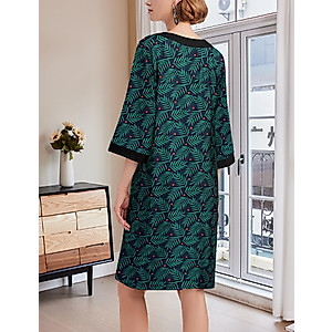 Ekouaer Women Zipper Robe 3/4 Sleeve Nightgowns Lightweight Short Bathrobe with Pockets Leaf Print,L