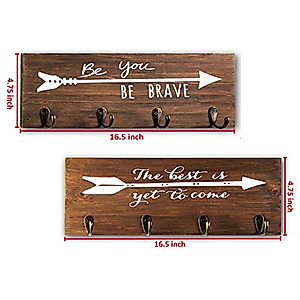 Spiretro Wall Key Hanger, Metal Hook Rack Organize Coat Hat Bag, Leash Holder, Set of 2 for Kids Entryway Hallway, Funny Arrow Sign & Inspirational Words, Rustic Wood_Teak
