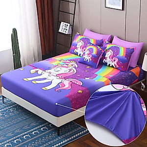 JQinHome Unicorn Twin Bedding Sets for Girls Kids,6 Piece Bed in A Bag 3D Purple Rainbow Theme Unicorn Comforter Set with Sheet Set(Rainbow)