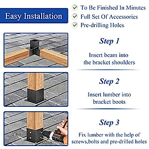 Flieeya Pergola Kit Black Elevated Wood Stand Kit with Steel Brackets, 8PCS Woodwork Pergola Hardware Kit with Powder Coated Steel Brackets for 6X6 Lumber, 3-Way 90 Degree Corner