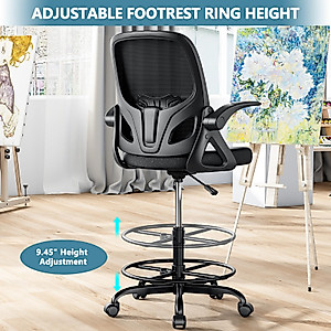 Kensaker Tall Drafting Chair with Footrest Ring for Home and Work, Ergonomic Home Desk Office Chair with Flip up Arms and Lumbar Support, Tall Extended Height Executive Home Desk Office Chair(Black)
