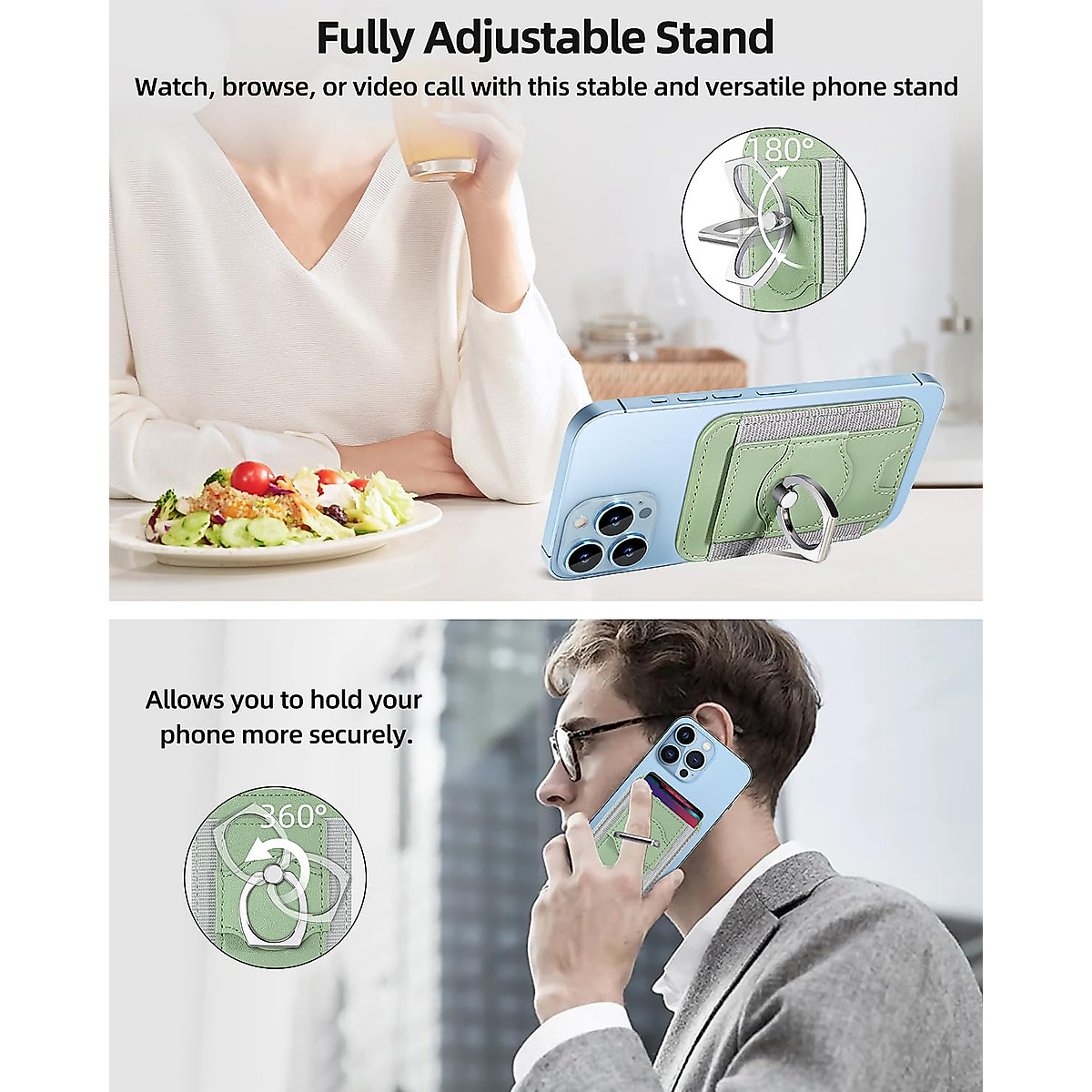 ExtreLife for Magsafe Wallet, Strongest Magnetic Wallet, for iPhone Wallet Magsafe with Ring Grip, Magnetic Card Holder Wallet for iPhone 15/14/13/12 Series, Vegan Leather, Fit 7 Cards, Matcha Green