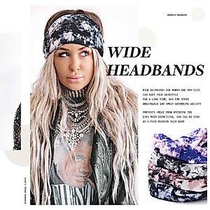 Acenail Wide Headbands 4 Pack (Tie Dye B, Leopard, Floral Workout Head Bands, Cotton Hair Scarfs) for Women and Girls - Knotted Turban, Boho, Yoga, Sweatbands Hair Accessories