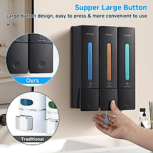 Shampoo and Conditioner Dispenser Shower Soap Dispenser Shower Dispenser 3 Chamber No Drill Shampoo Dispenser for Shower Wall, Body Wash Dispenser Wall Mounted for Bathroom Hotel,1200ML,Black