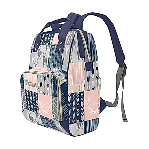 Antlers Elk Deer Feather Arrow Patchwork Blue Diaper Bags with Name Waterproof Mummy Backpack Nappy Nursing Baby Bags Gifts Tote Bag for Women