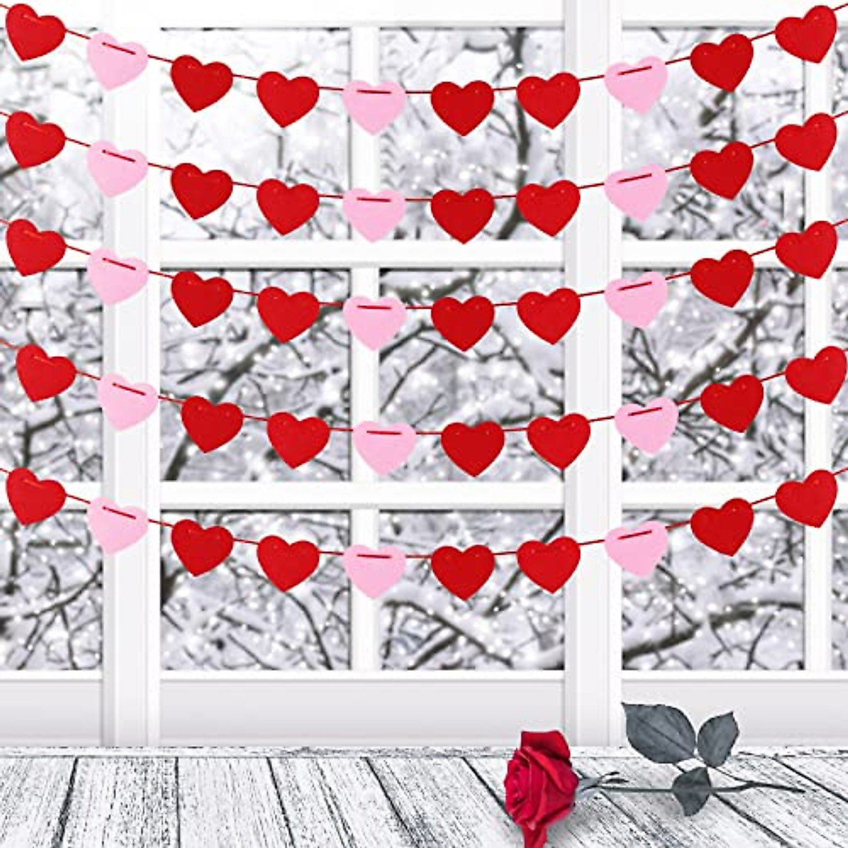 Valentine Felt Heart Garland for Valentines Day Decor, No DIY, 50 Pcs - Valentines Heart Banner for Valentines Day Decorations, Wedding Anniversary Decorations, Felt Hearts, Love Romantic Decorations