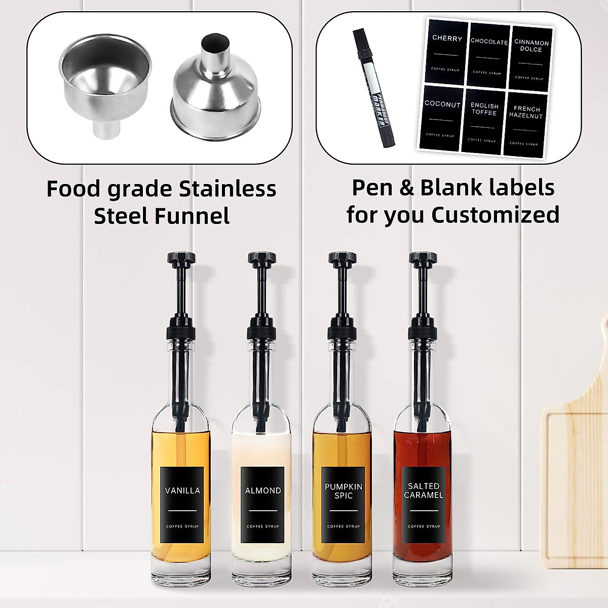 MSTCMZP Coffee Syrup Dispenser for Coffee Bar Accessories Coffee Pump Dispenser, Glass Syrup Bottle with Pump and Labels, 350 ml, Set of 4 Black