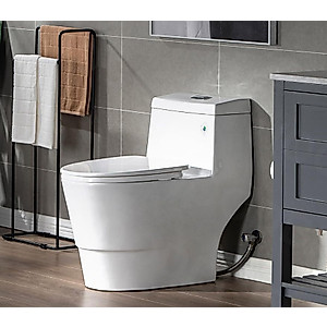 WOODBRIDGEE One Piece Toilet with Soft Closing Seat, Chair Height, 1.28 GPF Dual, Water Sensed, 1000 Gram MaP Flushing Score Toilet with Chorme Button, White,B0940-F-C