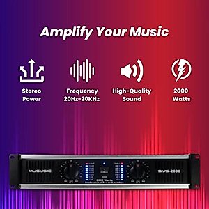 MUSYSIC 2 Channel Power Amplifier Distortion Free and Clear Sound - Professional 2U Chassis Rack Mount Amplifiers for DJs/Experts/Events w/ATR Technology/XLR and 1/4 Inch Inputs - 2000Watts