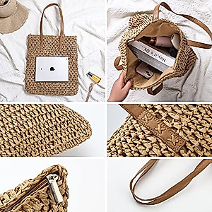 Give yibao Women's Straw Bags Handmade Woven Tote bag with Zipper Pocket Large Shoulder Bag