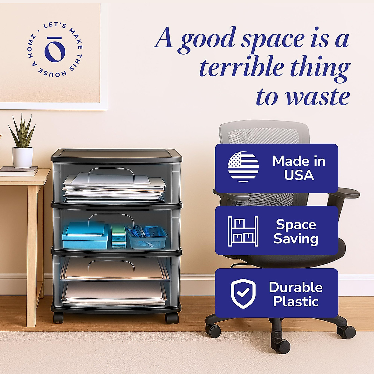 HOMZ Plastic 3 Drawer Wide Cart, Black Frame, Clear Drawers, 4 Casters included, Set of 1