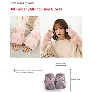 Woman Winter Warm Gloves Girls Cute Bear Rabbit Ears Convertible Flip Top Fingerless Thick Mittens for Teen Student (Color : Bear Khaki, Gloves Size : One Size)