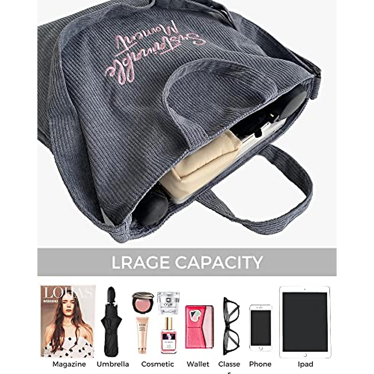 Corduroy Tote Bag for Women,Large Tote Bag ,Shoulder Bag with Zipper&Inner Pockets,Hobo Crossbody Handbag Casual Tote. (Grey)