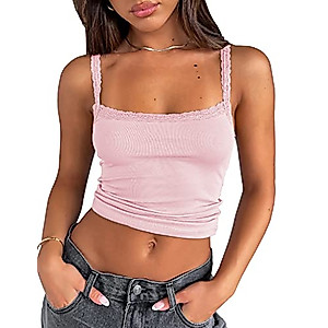 Cioatin Women’s Lace Patchwork Spaghetti Strap Crop Cami Strappy Y2K Going Out Crop Top Tank Sleeveless Slim Fit Shirt Pink
