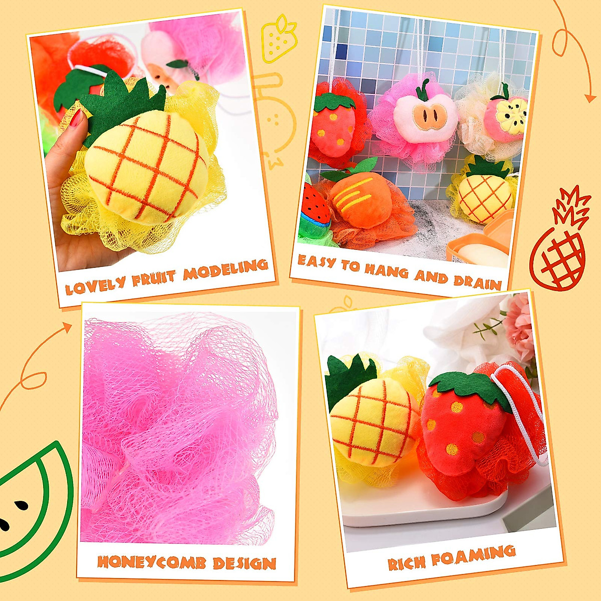 6 Pieces Cute Fruit Bath Shower Sponge Loofahs Mesh Pouf Shower Ball Colorful Cartoon Body Scrubber Balls Shower Mesh for Kids Adults