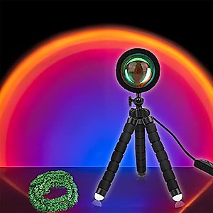 BUNDLE PACK: Sunset Lamp Projector 16 Colors RGB, 360 degree Rotation with 12pcs of Artificial Leaves for Photography/Selfie/Party/Wedding/Home