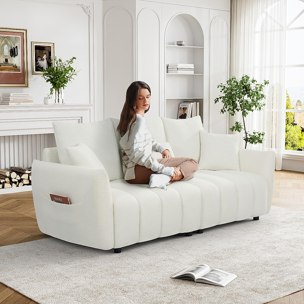 Wrofly Teddy Cloud Sofa Couch, Modern Deep Seat Boucle Sofa, Comfy Upholstered Sherpa 3 Seater Couch with 3 Pillows, Oversized Loveseat for Living Room Apartment Office, Beige White