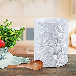 MEIGUI Ceramic Utensil Holder, 7.5 inch High Utensil Holder for Countertop, Modern Cooking Large Utensil Caddy, Durable and Stylish Kitchen Utensil Crock, Flower White