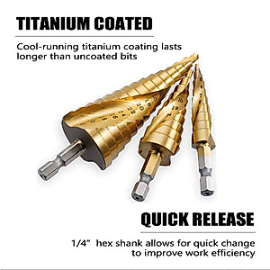Hymnorq Metric Titanium Coated HSS Spiral Groove Step Drill Bit Set of 3pcs 4-12/4-20/4-32mm with 1/4" Hex Shank Packed in Reusable Case for Cutting Holes in Iron Plate Aluminum Plate, etc.