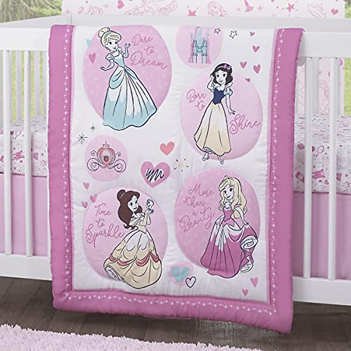 Disney Princess - Dare to Dream Pink and White, Castle, Hearts and Stars 3 Piece Nursery Crib Bedding Set - Comforter, Fitted Crib Sheet, and Crib Skirt
