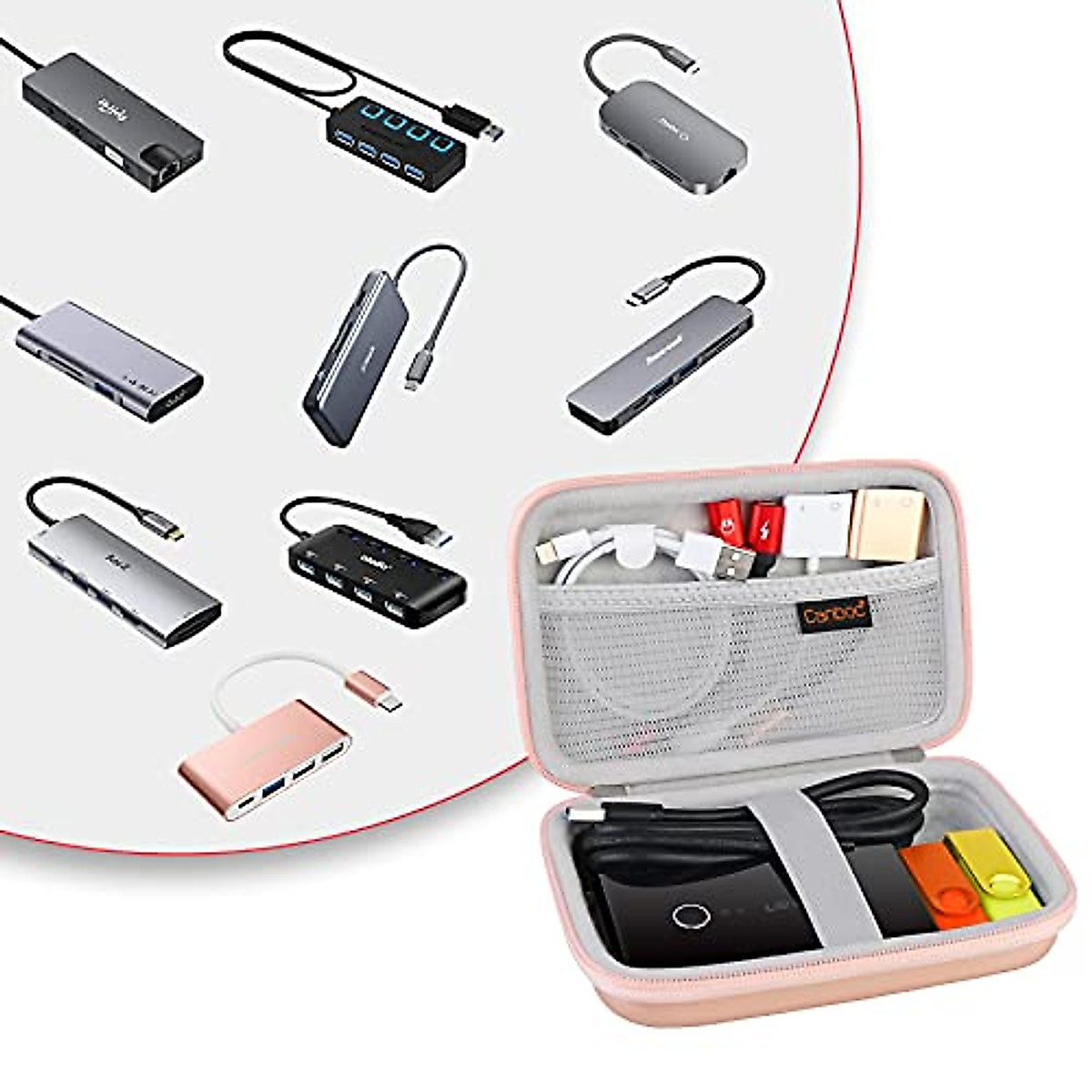 Canboc USB Hub Organizer Case USB C Hub Adapter USB Splitter USB Extender Holder for Anker Hiearcool UGREEN LENTION Multi USB Port Drives, Mesh Pocket fit Flash Drive Macbook Air Pro Charger,Rose Gold