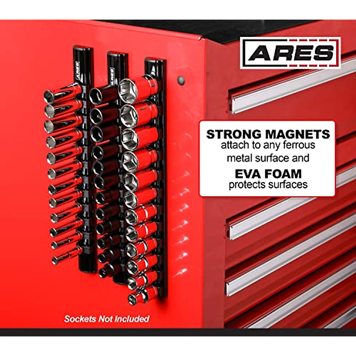 ARES 60053-3-Piece Black Magnetic Socket Organizer Set - Aluminum Rails Store up to 12 Sockets Each and Keep Your Tool Box Organized