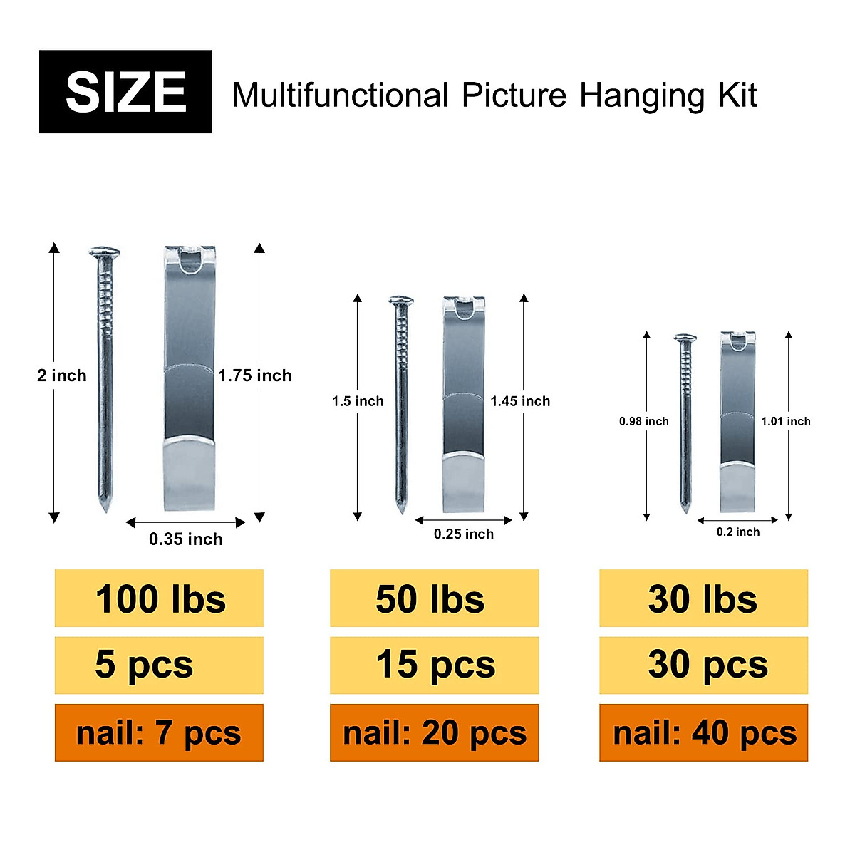 117Pcs Picture Hangers, 3 Size Picture Hooks Including 30/50/100lbs, Picture Hanging Kit, Professional Plaster Picture Hanging Kit for Wooden Wall or Drywall(50 Hangers+ 67 Nails)