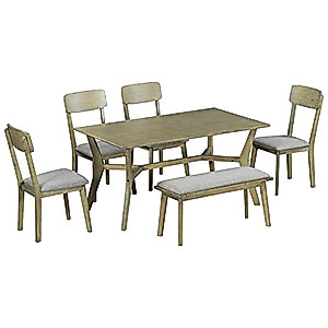 Lifeand Piece, Wooden Dining Table and Fabric Chairs with Bench(Antique Yellow+Gray), Mid-Century Style Set for 6