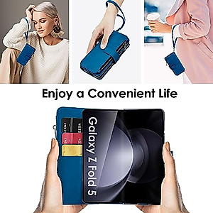 ZIULQIK for Samsung Galaxy Z Fold 5 Case, PU Leather Z Fold 5 Wallet Cases with S Pen Holder & Wrist Crossbody Strap & Card Holder Blue