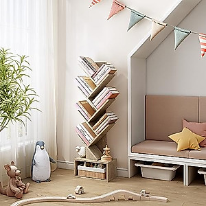 Hoctieon 6 Tier Tree Bookshelf, 6 Shelf Bookcase with Drawer, Modern Book Storage, Utility Organizer Shelves for Home Office, Living Room, Bedroom, Greige