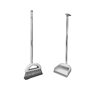 Upright Dust Pan and Broom Indoor 180 Rotatable Standing Storage Buckle Type Brooms and Dustpan Set with Scraping Teeth and Scraper Deep Cleaning Suitable for Home